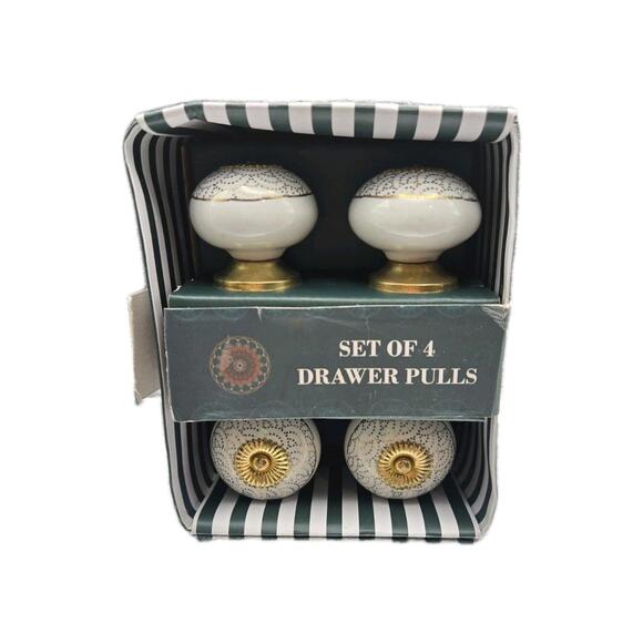 Other | Set Of Four 4 Ceramic Drawer Pulls With A White And Gold Design ...